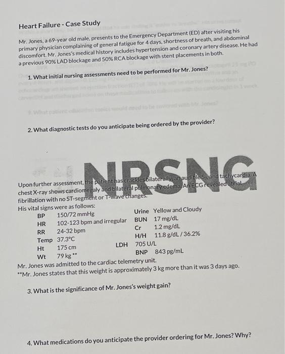 Solved Heart Failure - Case Study Mr. Jones, a 69-year old | Chegg.com