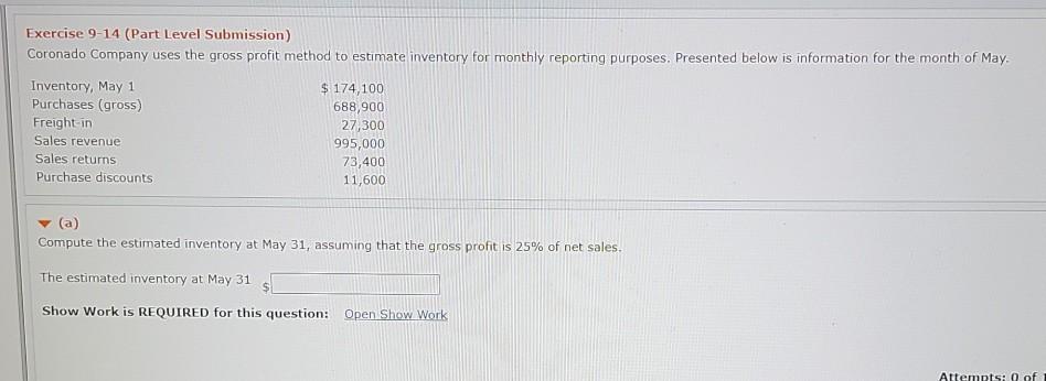 Solved Exercise 9-14 (Part Level Submission) Coronado | Chegg.com