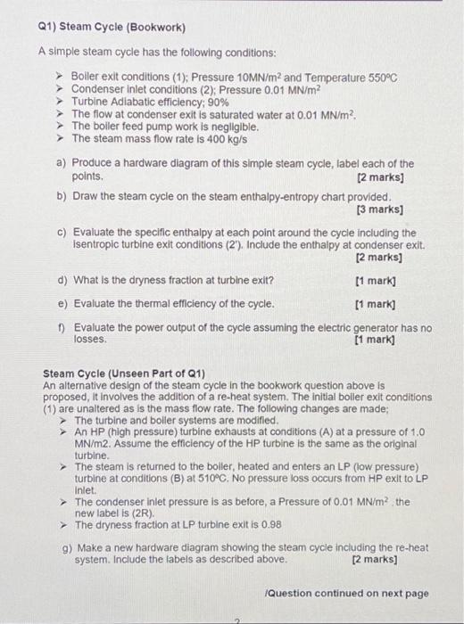 Solved Q1) Steam Cycle (Bookwork) A simple steam cycle has | Chegg.com