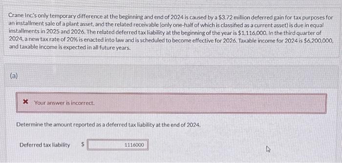 Solved Crane incis only temporary difference at the | Chegg.com