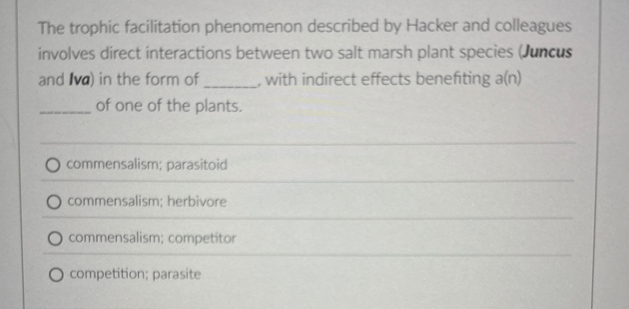 Solved The trophic facilitation phenomenon described by | Chegg.com