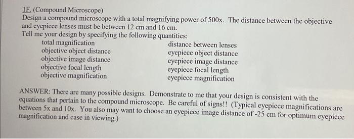 Solved 1F. (Compound Microscope) Design a compound | Chegg.com