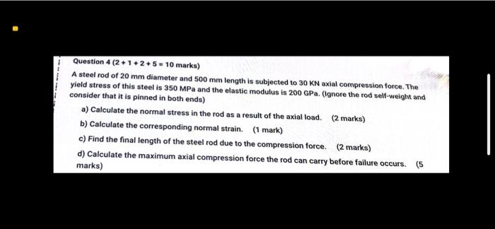 Solved Question 4(2+1+2+5=10 marks ) A steel rod of 20 mm | Chegg.com