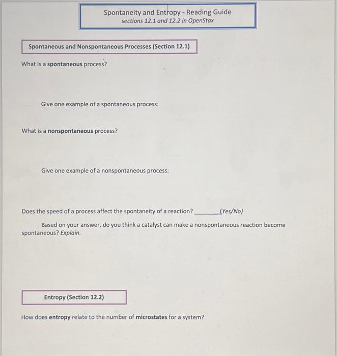 Solved Spontaneity and Entropy - Reading Guide sections 12.1 | Chegg.com