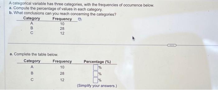 Solved A categorical variable has three categories, with the | Chegg.com