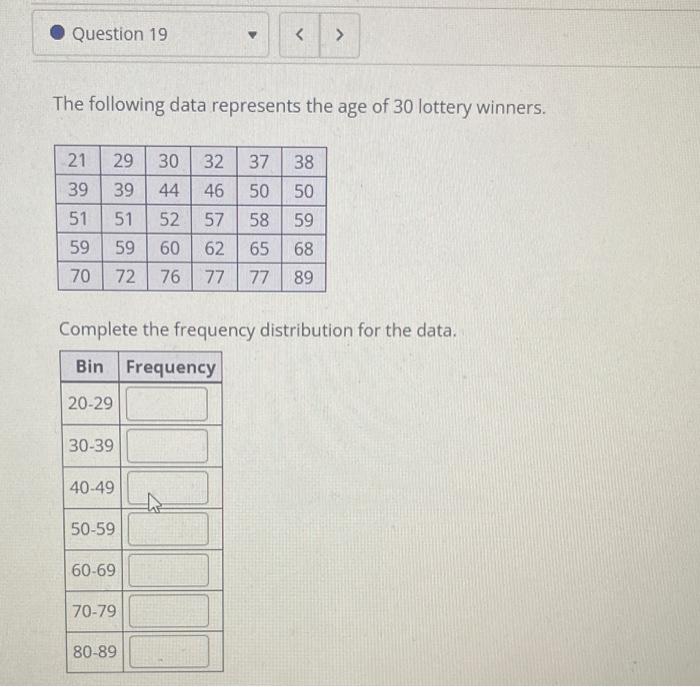 Solved The following data represents the age of 30 lottery | Chegg.com