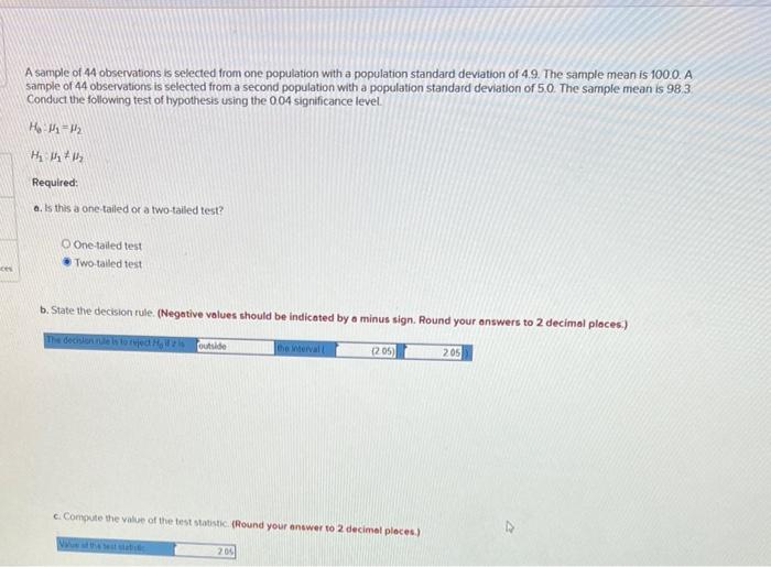 Solved A sample of 44 observations is selected from one | Chegg.com