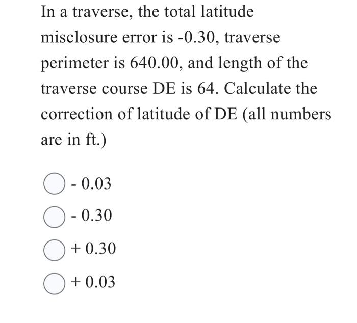 Solved In A Traverse The Total Latitude Misclosure Error Is