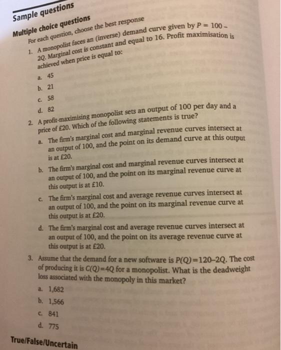 Solved Sample Multiple choice questions For each question, | Chegg.com