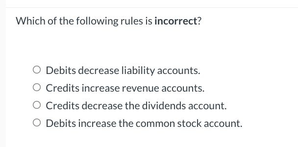 Solved Which of the following rules is incorrect?Debits | Chegg.com