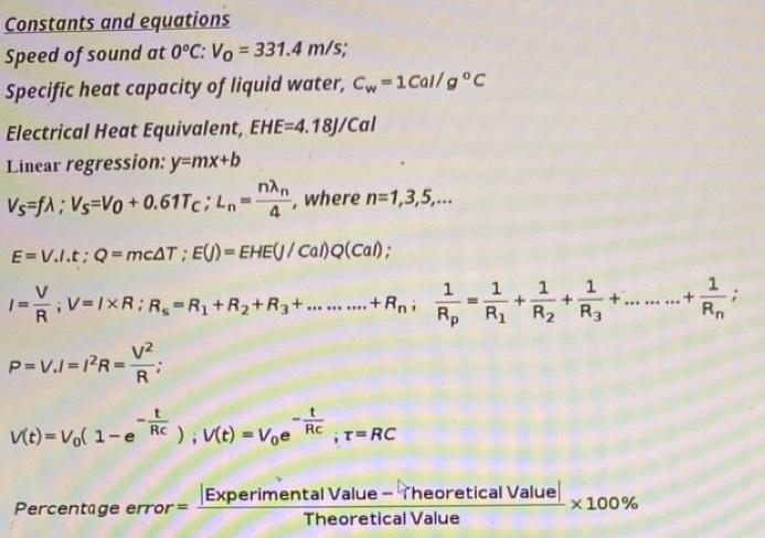 Solved Constants and equations Speed of sound at 0°C: Vo = | Chegg.com