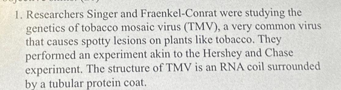 Solved Researchers Singer and Fraenkel-Conrat were studying | Chegg.com