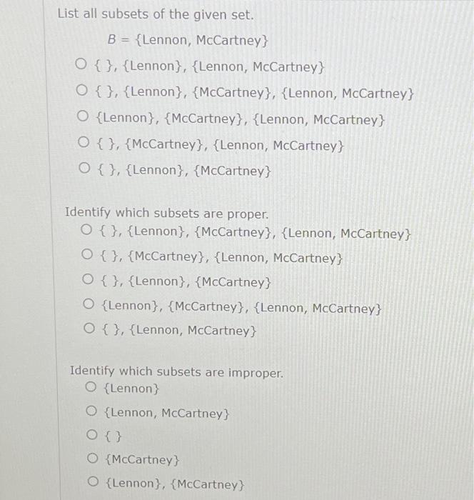 Solved List all subsets of the given set. B={ Lennon, | Chegg.com