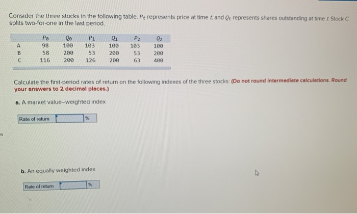Solved Consider the three stocks in the following table. Pt | Chegg.com
