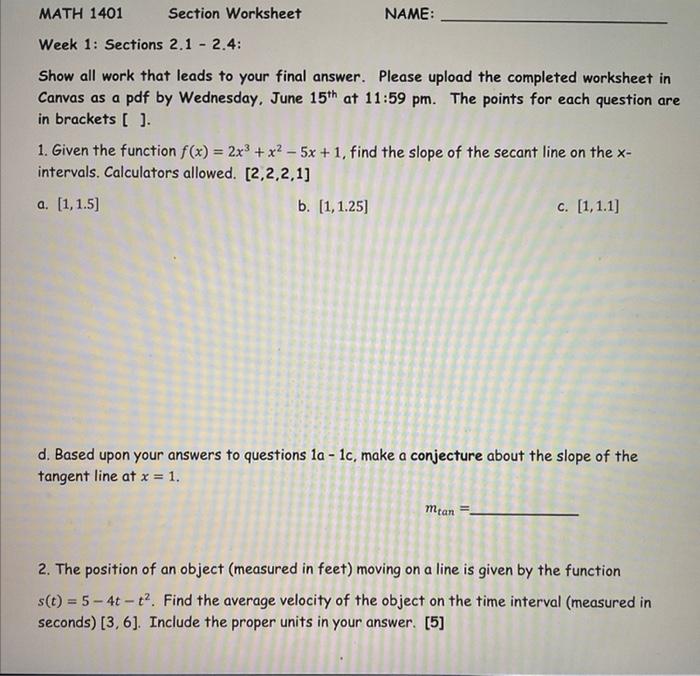 Solved MATH 1401 Section Worksheet NAME: Week 1: Sections | Chegg.com