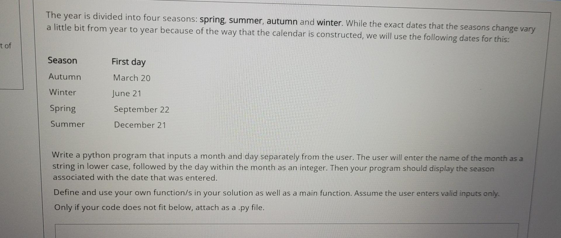 Solved The year is divided into four seasons: spring, | Chegg.com