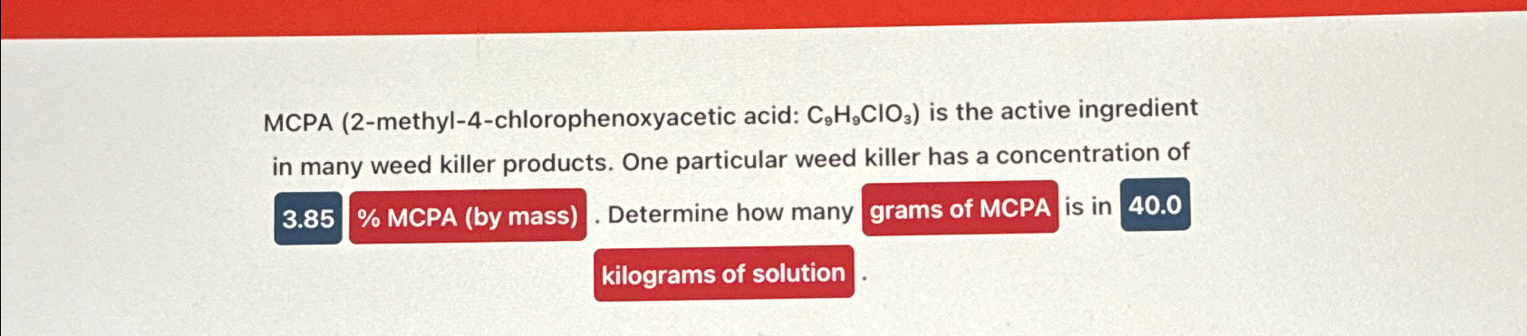 Solved MCPA (2-methyl-4-chlorophenoxyacetic acid: C9H9ClO3 ) | Chegg.com