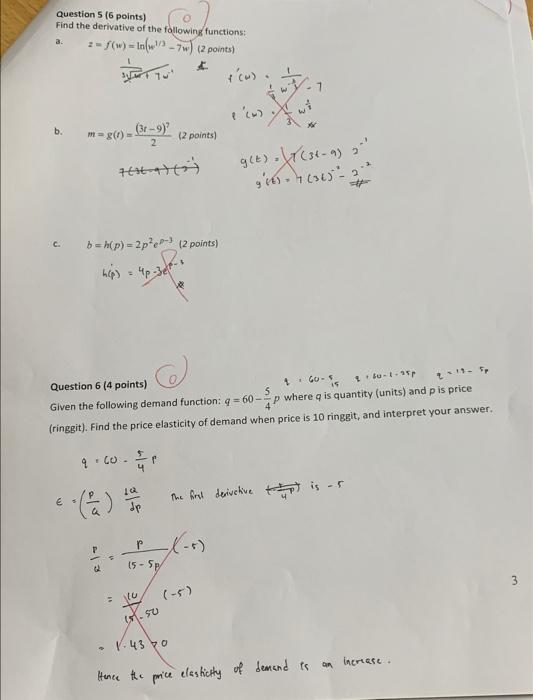 Solved Question 5 ( 6 points) Find the derivative of the | Chegg.com