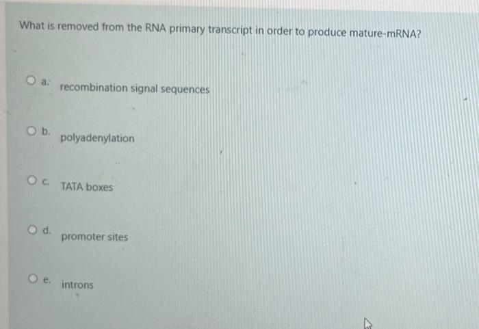 Solved What is removed from the RNA primary transcript in | Chegg.com