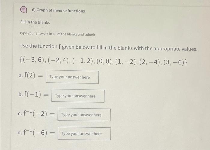 Solved 6) Graph of inverse functions Fill in the Blanks Type | Chegg.com
