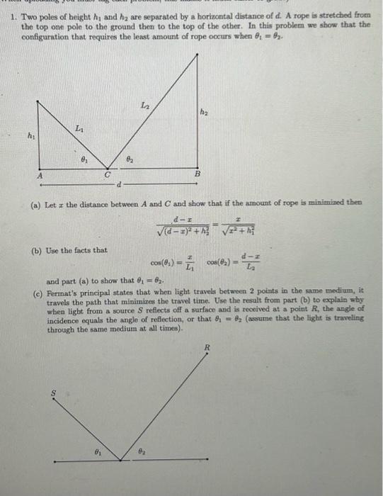 Solved 1. Two poles of height h1 and h2 are separated by a | Chegg.com