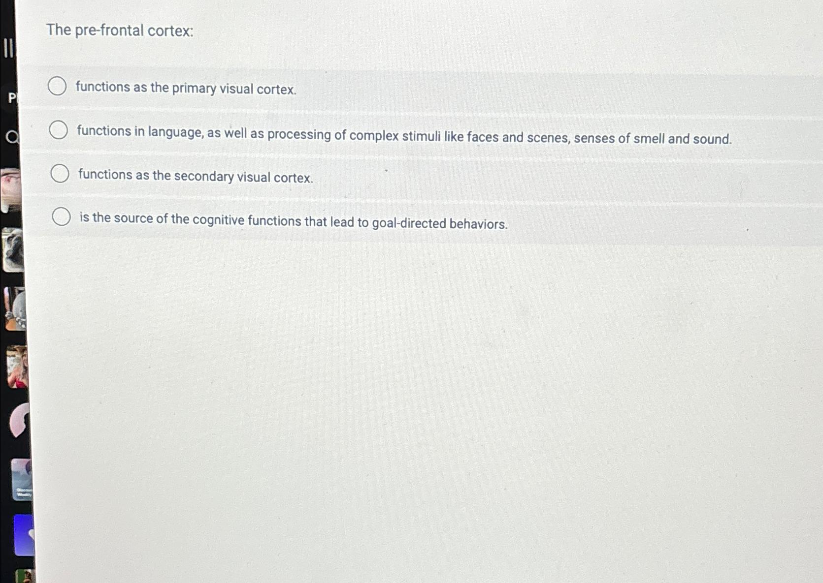 Solved The pre-frontal cortex:functions as the primary | Chegg.com