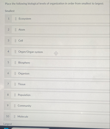 Solved Place the following biological levels of organization | Chegg.com
