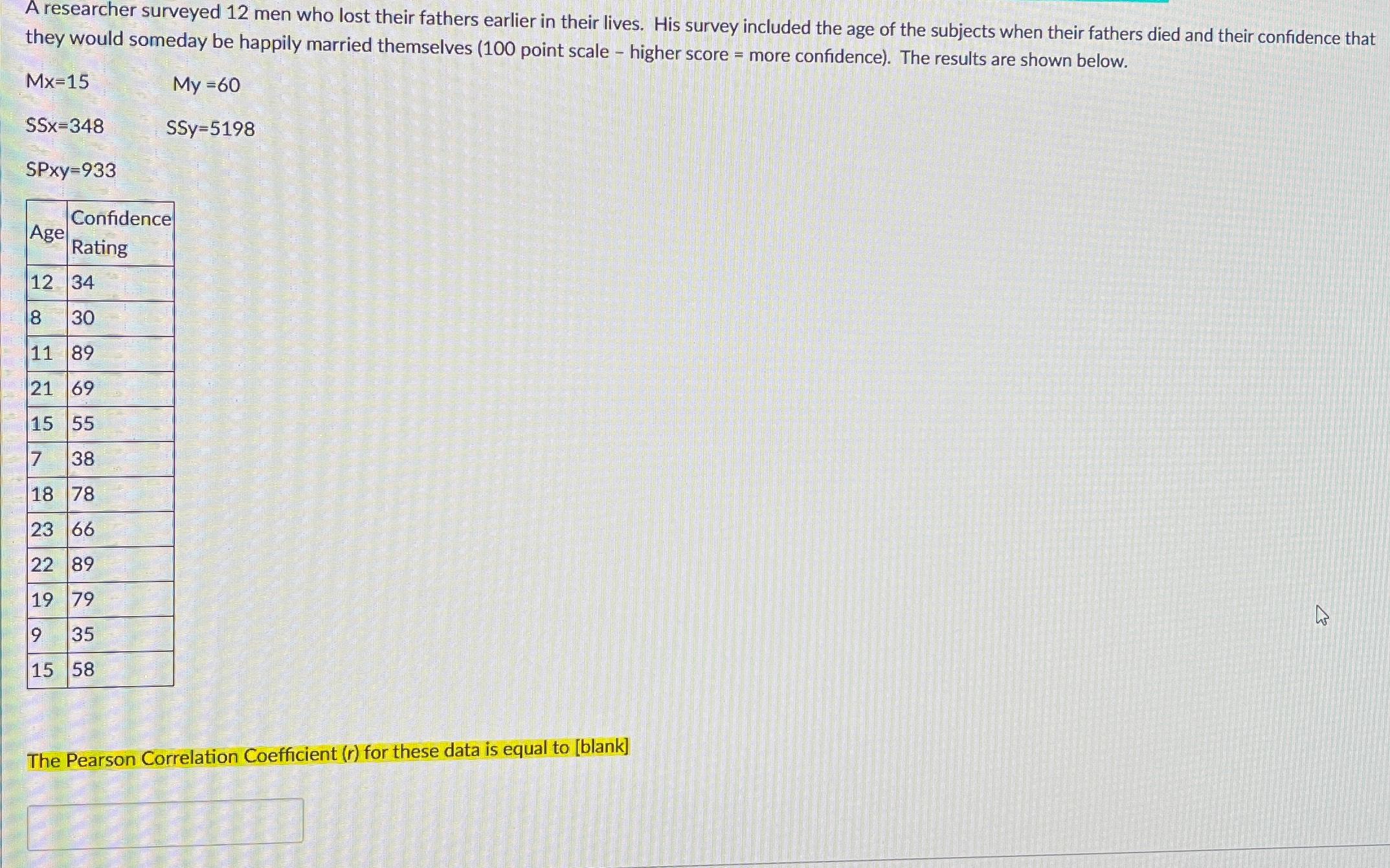 Solved A researcher surveyed 12 ﻿men who lost their fathers | Chegg.com