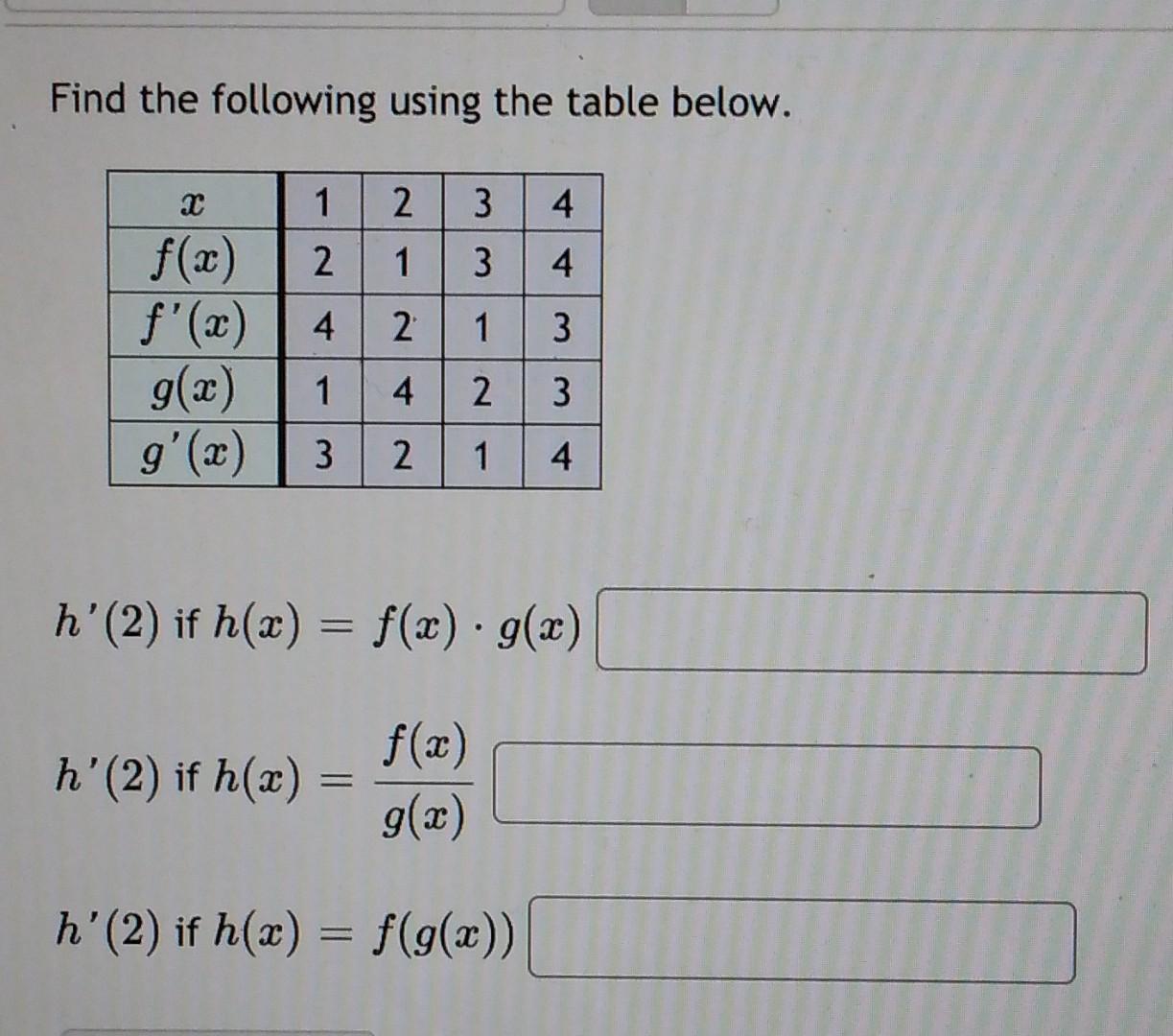 Solved Find the following using the table below. х 1 2 3 4 2 | Chegg.com