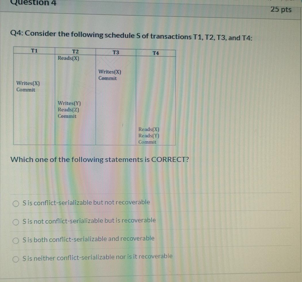 Solved Question 4 25 pts Q4: Consider the following schedule | Chegg.com