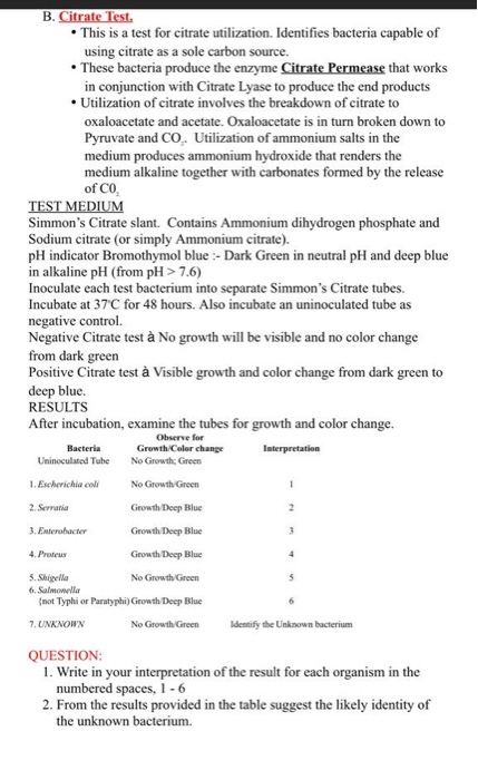 Solved B. Citrate Test. • This is a test for citrate | Chegg.com
