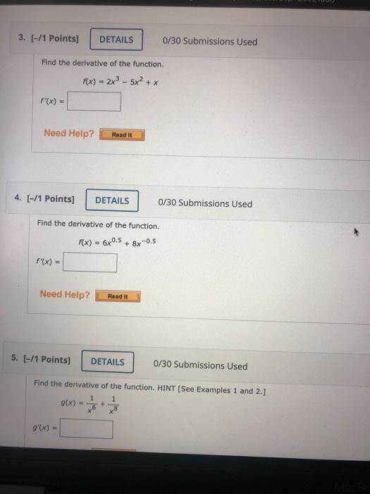 Solved 3. [-/1 Points) DETAILS 0/30 Submissions Used Find | Chegg.com Solved 3. [-/1 Points) DETAILS 0/30 Submissions Used Find | Chegg.com