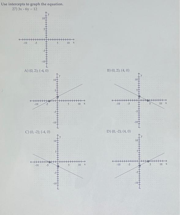 Solved Use intercepts to graph the equation. 27) 3x−6y=12 A) | Chegg.com