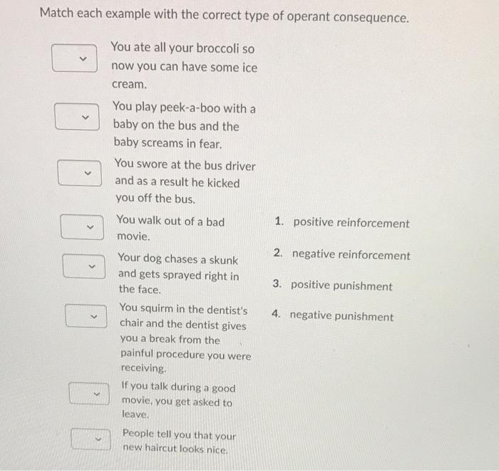 Solved Match each example with the correct type of operant | Chegg.com