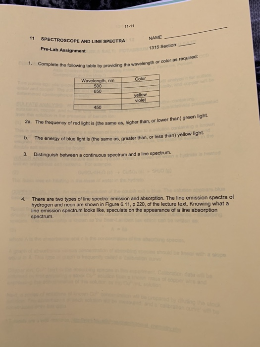 Solved 11-11 11 SPECTROSCOPE AND LINE SPECTRA NAME Pre-Lab | Chegg.com