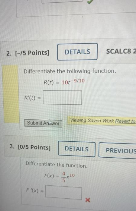 Solved 2. [-/5 Points ] Differentiate the following | Chegg.com