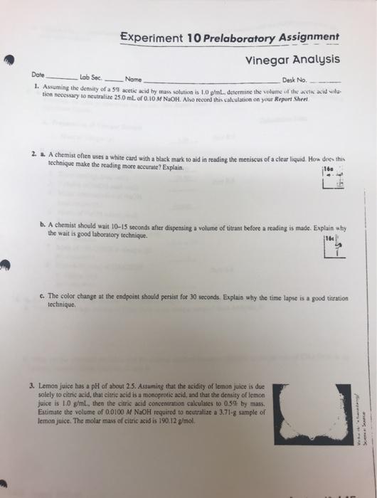Experiment 10 Prelaboratory Assignment Vinegar | Chegg.com
