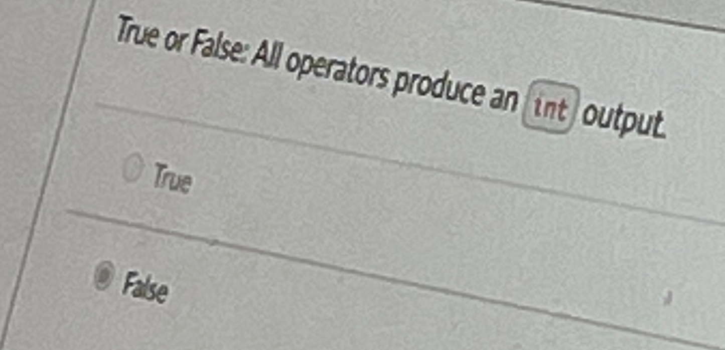 Solved The or false: All operators produce an int output. | Chegg.com