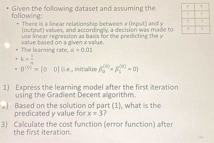 Solved - Given the following dataset and assuming the | Chegg.com