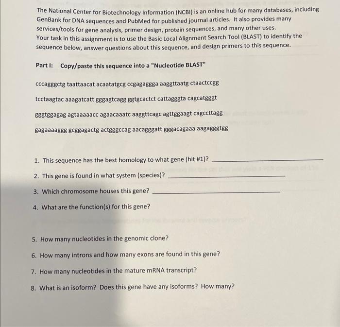 The National Center for Biotechnology Information is | Chegg.com