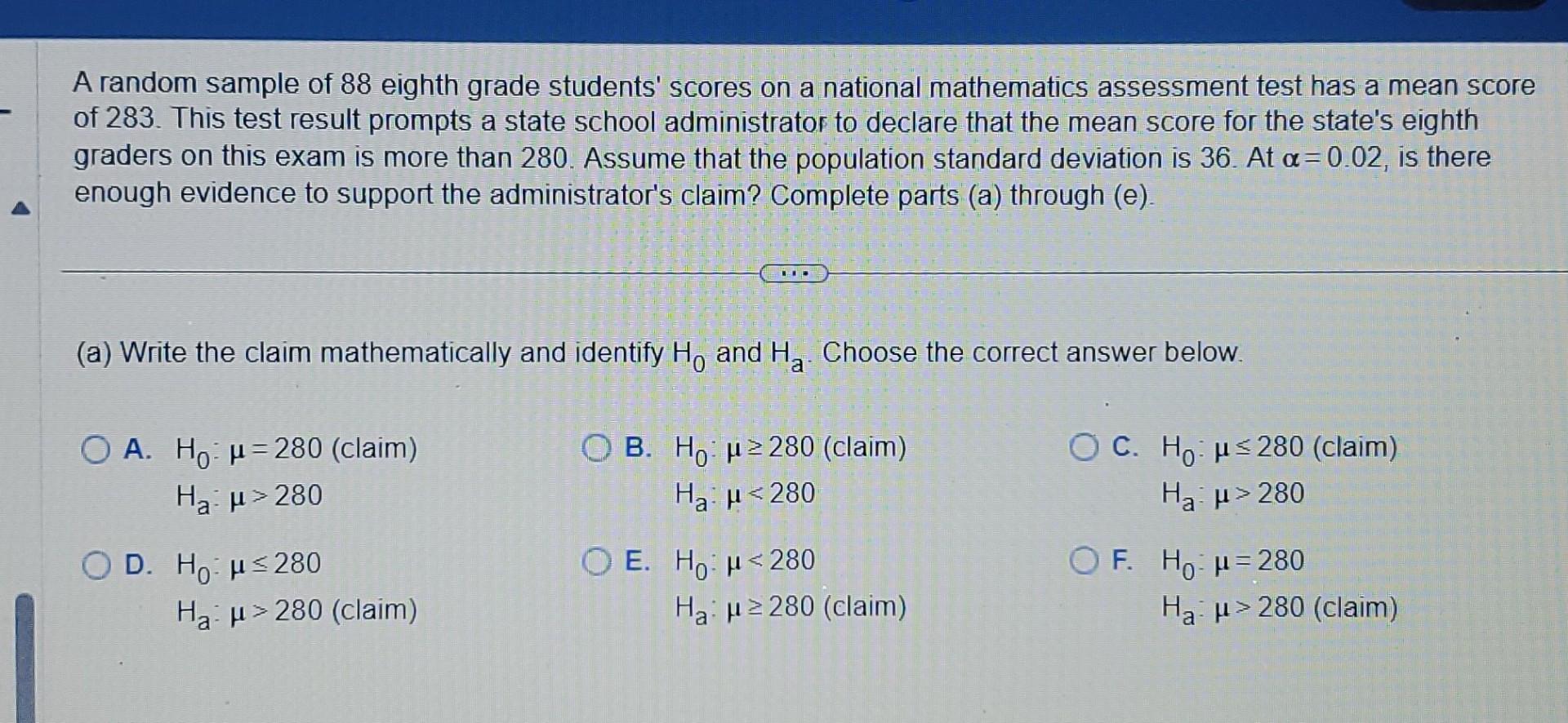 Solved A random sample of 88 eighth grade students' scores | Chegg.com