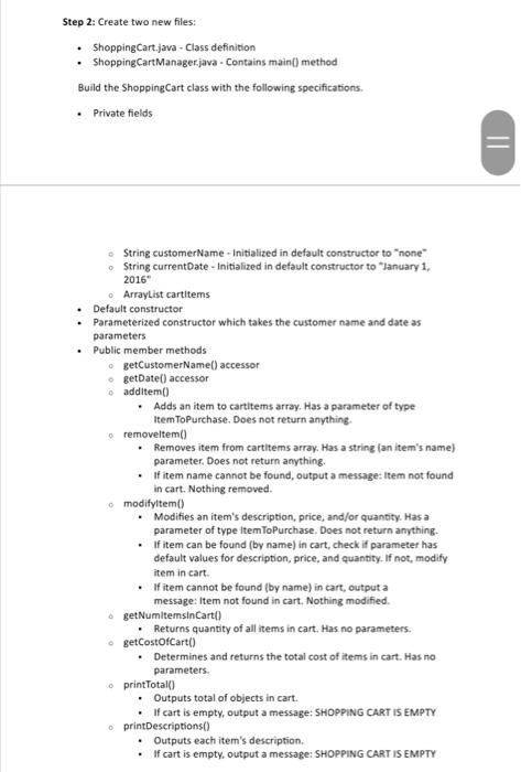 Solved Step 2: Create two new files: - ShoppingCart.java - | Chegg.com