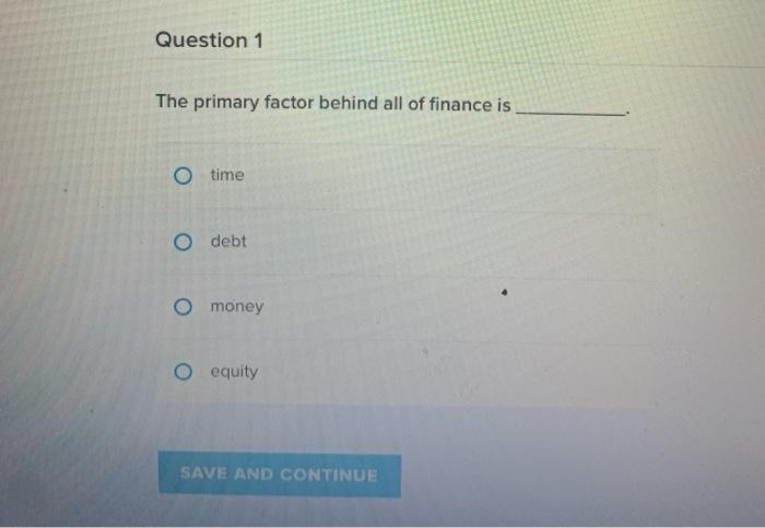 Solved Question 1 The primary factor behind all of finance | Chegg.com