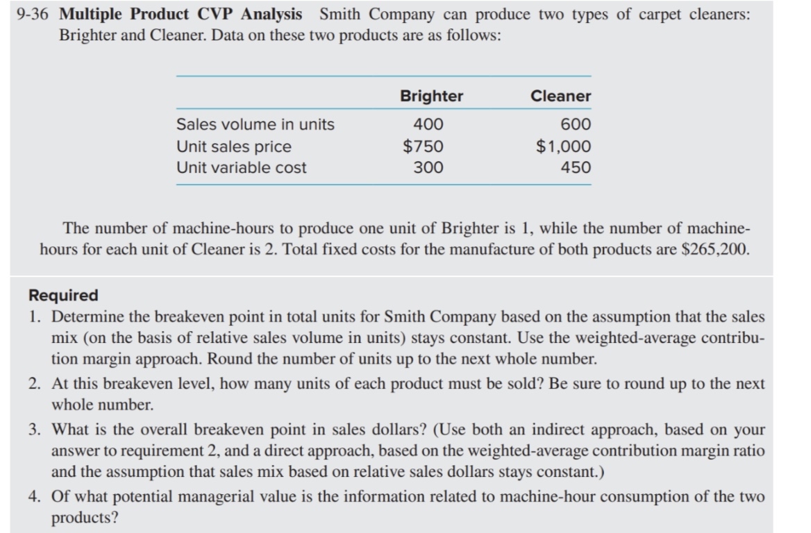 Solved 9-36 ﻿Multiple Product CVP Analysis Smith Company can | Chegg.com