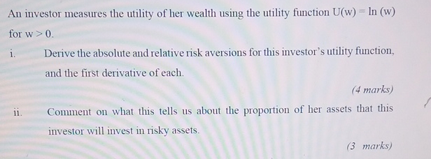 Solved An investor measures the utility of her wealth using | Chegg.com