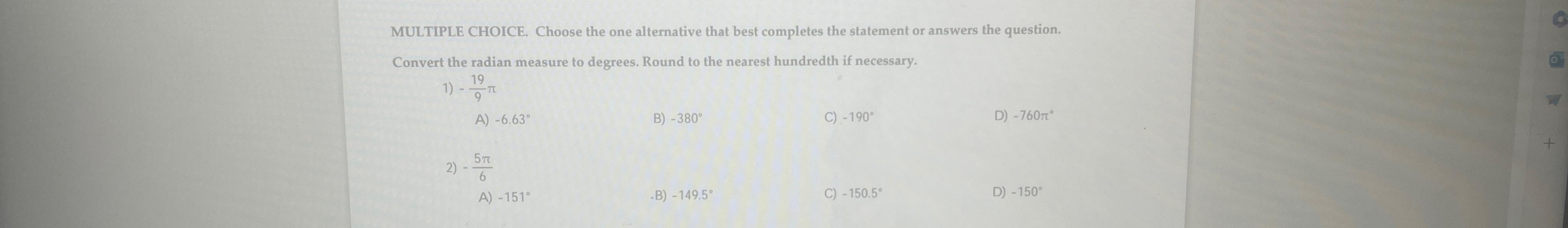 Solved MULTIPLE CHOICE. Choose the one alternative that best | Chegg.com