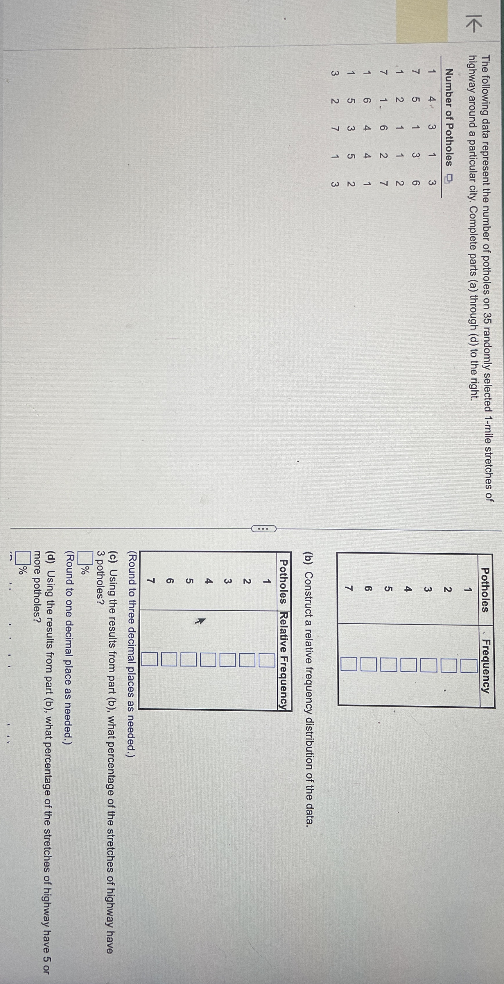 Solved The following data represent the number of potholes | Chegg.com