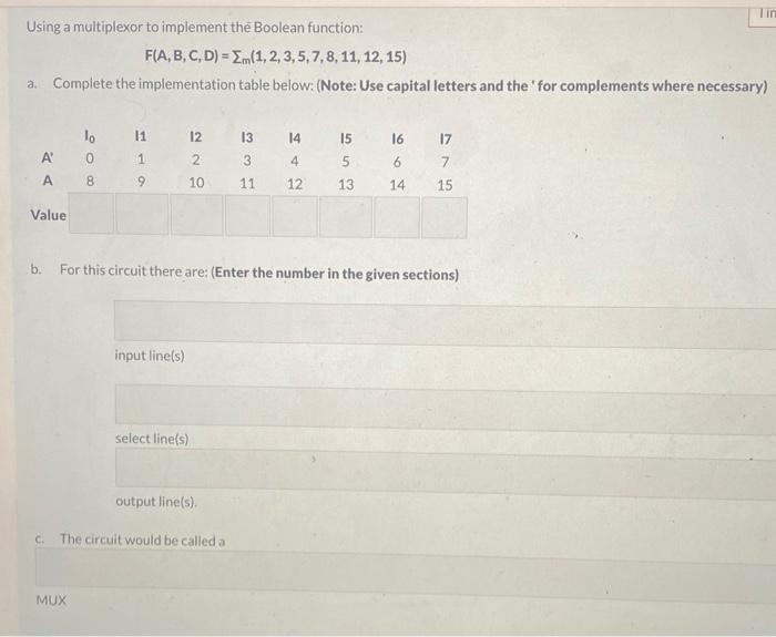 Solved Using A Multiplexor To Implement The Boolean