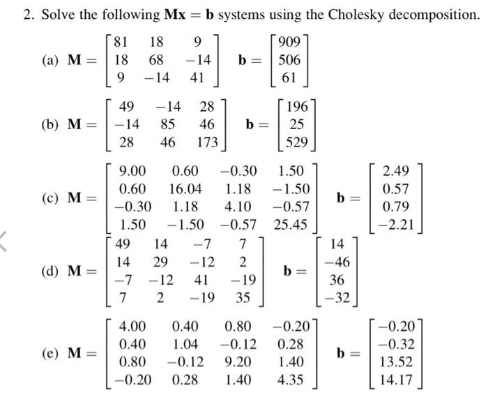 Solved Solve The Following Mxb Systems Using The Cholesky 