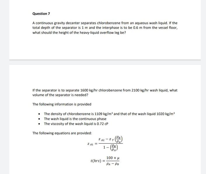 Solved A continuous gravity decanter separates chlorobenzene | Chegg.com